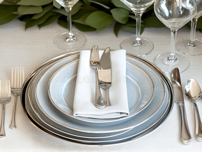 Elegant Silverware and Light Blue Plates on a Table Setting for a ...