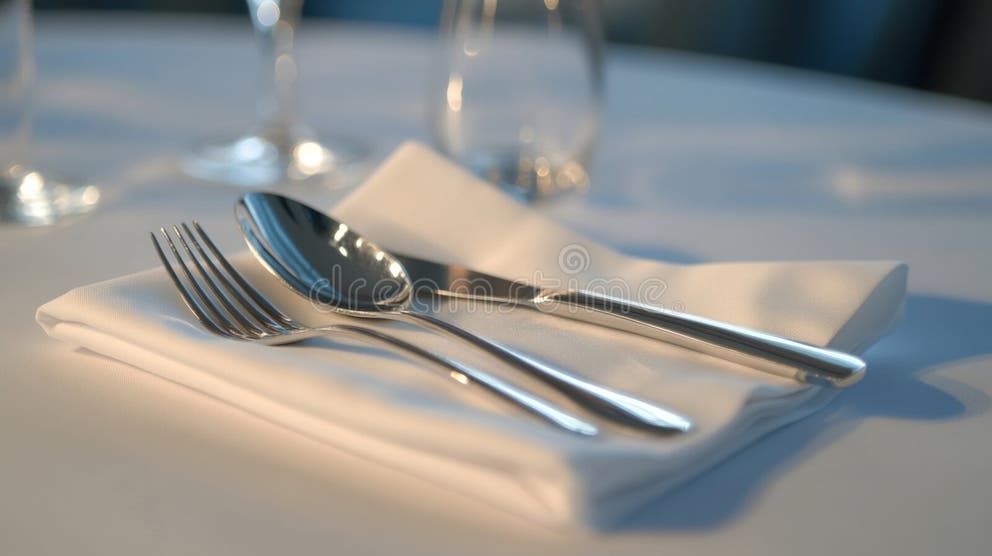 Elegant Silverware Place Setting on White Table Stock Illustration ...