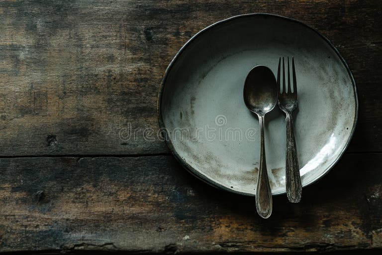 Elegant Silverware Placed on a Rustic Wooden Table with a Round, Empty ...