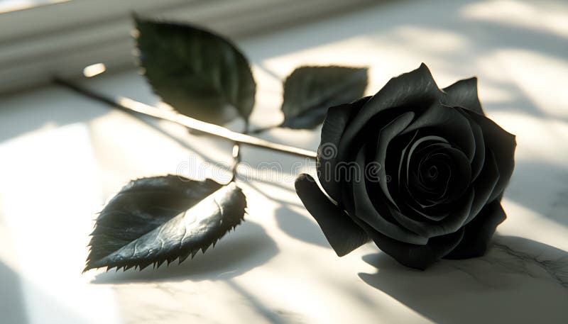 Elegant Single Black Rose on White Surface with Subtle Shadows, Concept ...