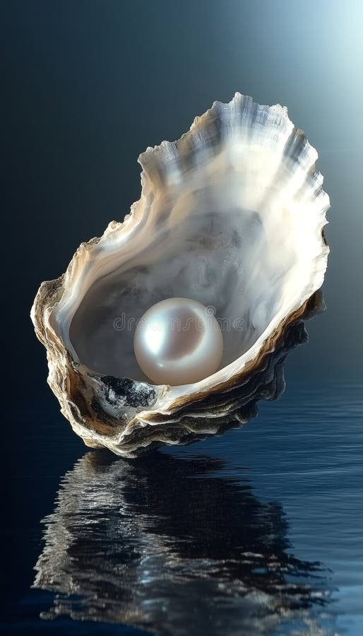 Elegant Single Pearl in Open Oyster Shell, Deep Blue Background ...