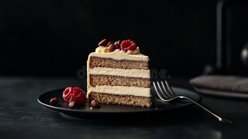Elegant Slice of Chocolate Hazelnut Cake with Raspberries on Black ...