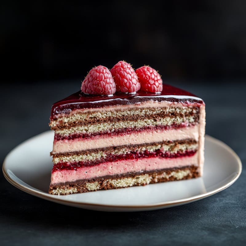 Elegant Slice of Layered Chocolate Raspberry Mousse Cake with Fresh ...