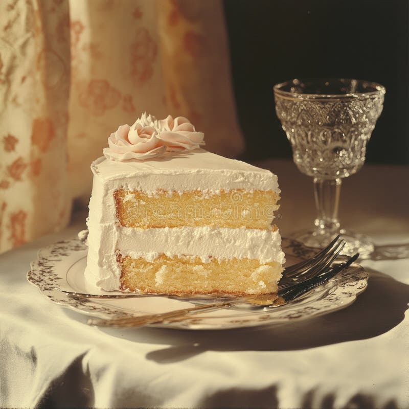 Elegant Slice of Vanilla Layer Cake with Frosting on Patterned China ...