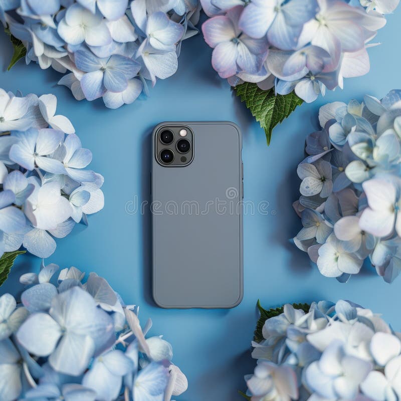 Elegant Smartphone Mockup with Hydrangea Floral Flatlay Design Stock ...
