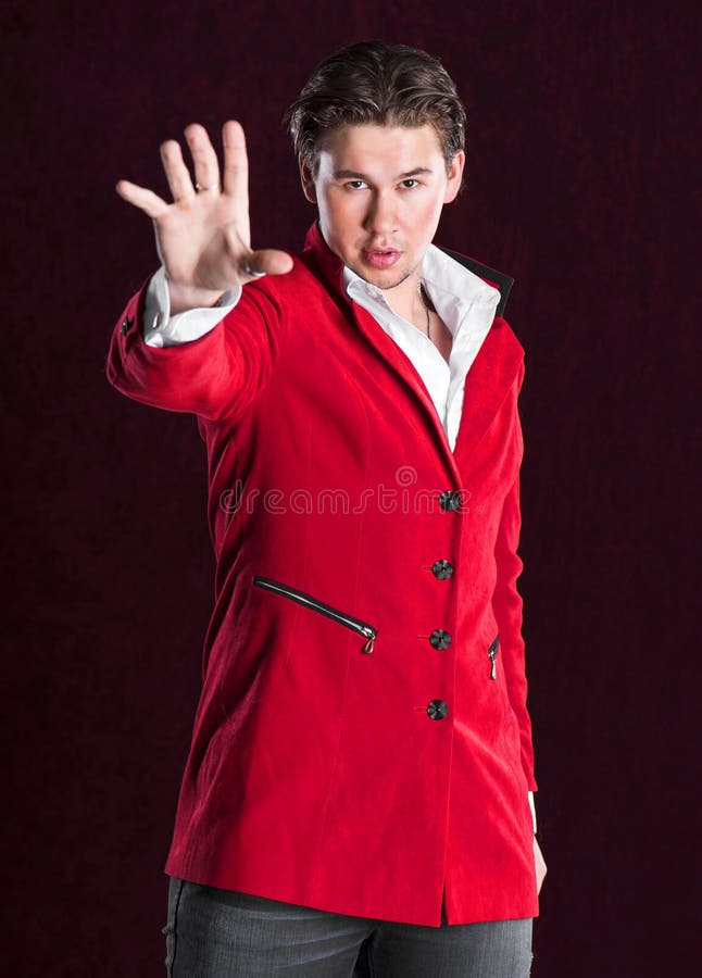 Elegant Smiling Young Handsome Man in Red Suit Stock Image - Image of ...