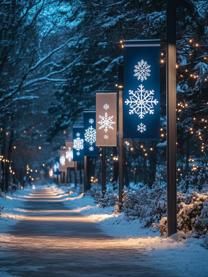 Elegant Snowflakes Illuminated Along a Winter Path in a Serene Forest ...