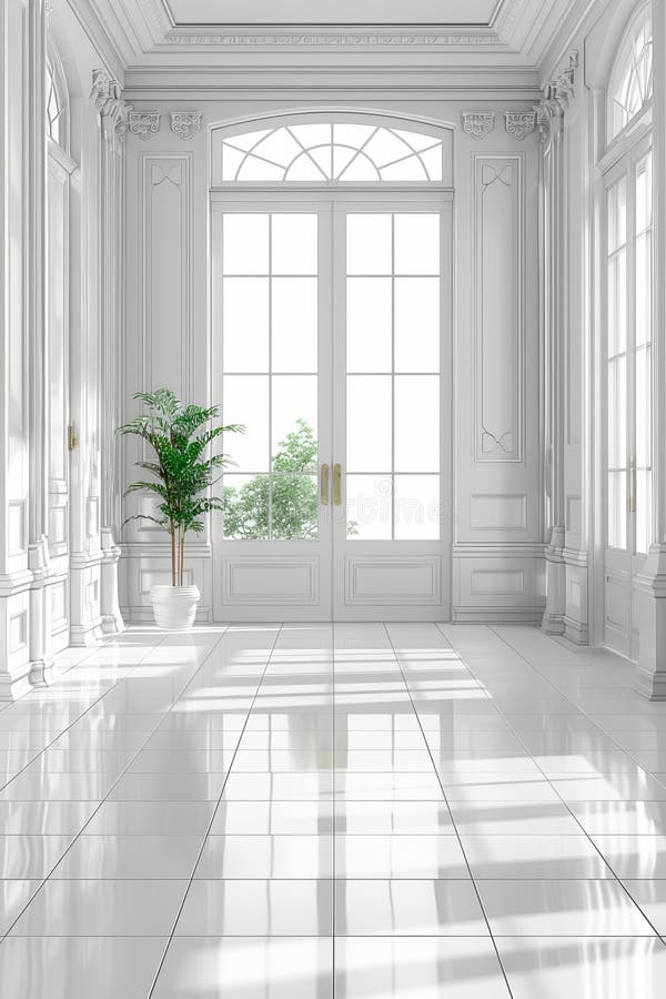 Elegant, Spacious Hall with White Walls, Classical Ornament, Arched ...