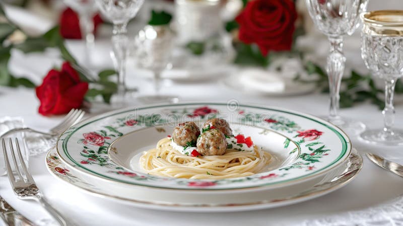 Elegant Spaghetti with Meatballs Dinner Setting Stock Image - Image of ...