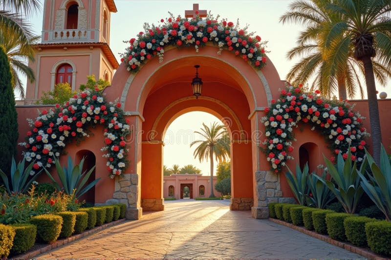 Elegant Spanish Archway Adorned with Colorful Roses and Surrounded by ...