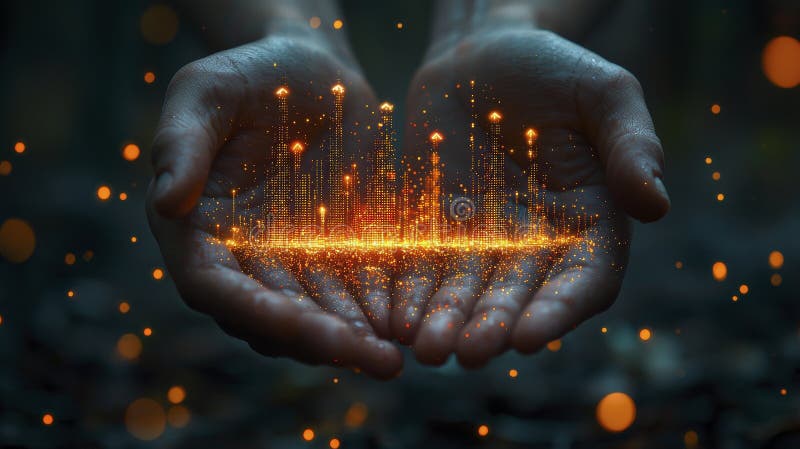 Elegant Sparkle of Data in Open Hands and Nature Stock Illustration ...