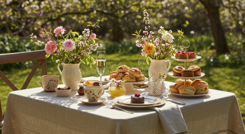 Elegant Spring Afternoon Tea in a Blooming Garden Stock Illustration ...