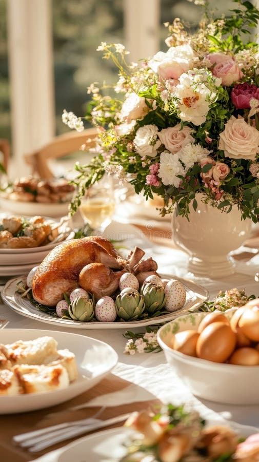 Elegant Spring Feast with Roast Chicken and Floral Table Setting Stock ...