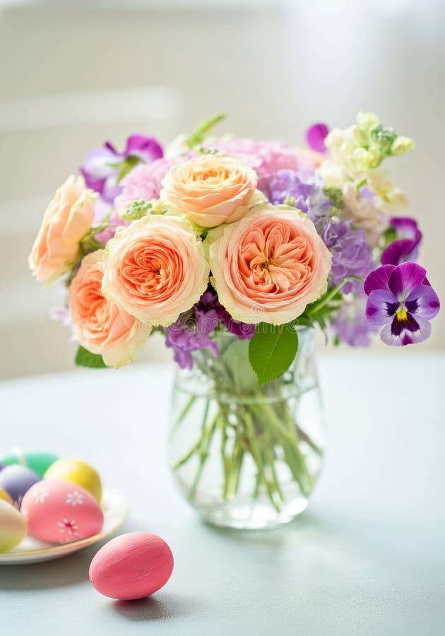Elegant Spring Floral Arrangement with Pastel Easter Eggs on a Light ...