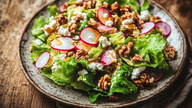 Elegant Spring Salad with Goat Cheese and Walnuts Served on Rustic ...