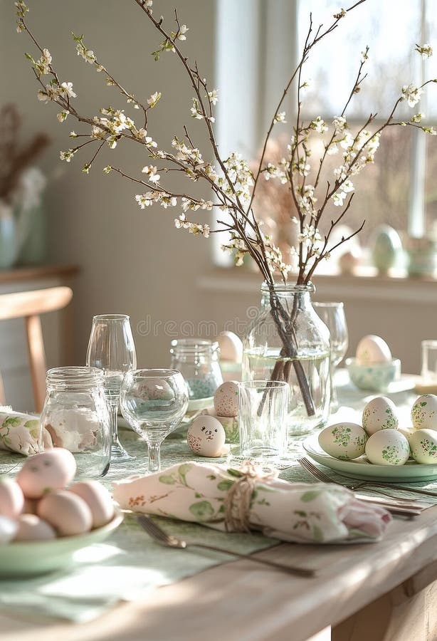 Elegant Spring Table Setting with Pastel Decorations and Blooming ...