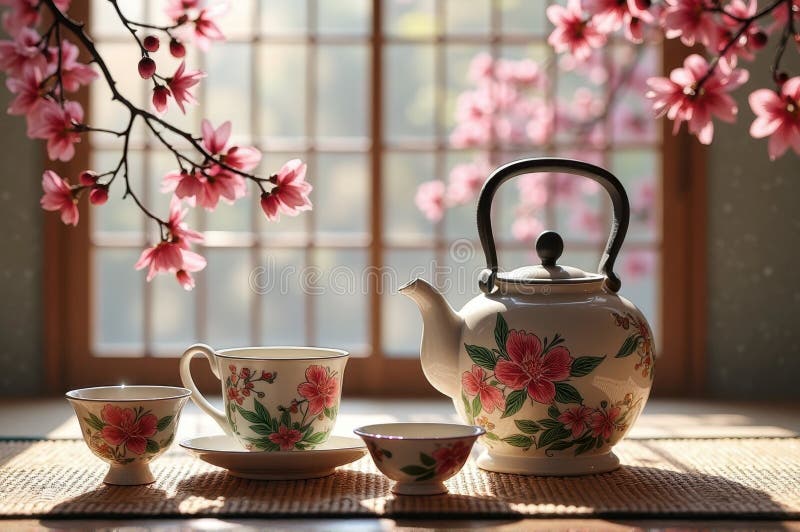 Elegant Spring Tea Setting Floral Teapot Cups Sunlit Window Stock ...