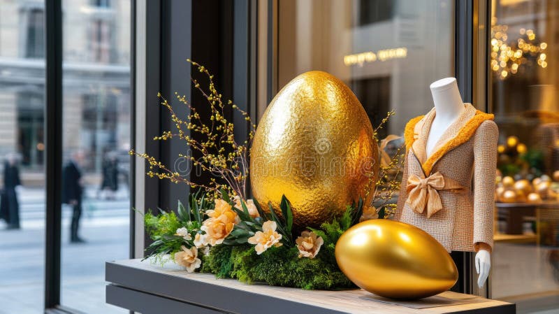 Elegant Spring Window Display with Golden Easter Eggs and Mannequin in ...