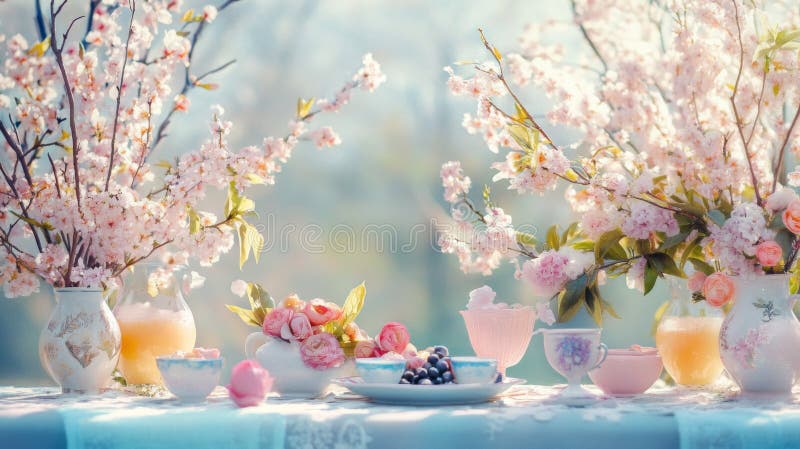 Elegant Springtime Tea Party Setting with Cherry Blossoms and Roses ...