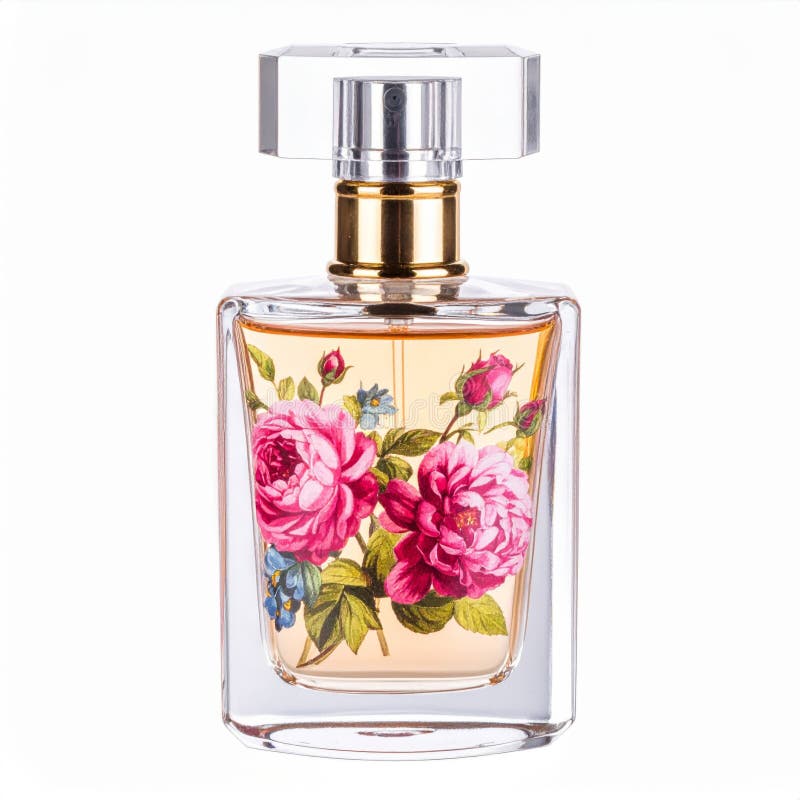 Elegant Square Perfume Bottle with Floral Rose Design on a White ...