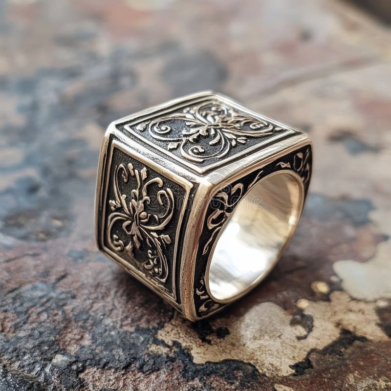 Elegant Square Signet Ring with Intricate Floral Patterns on Rustic ...