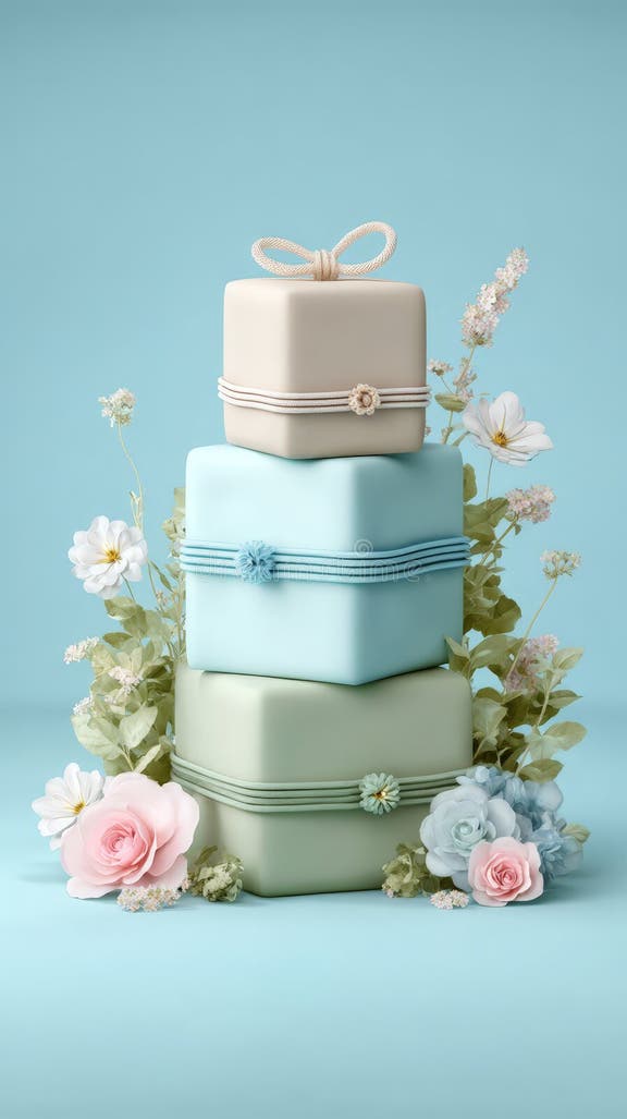 Elegant Stack of Gift Boxes with Pastel Flowers on Blue Background ...