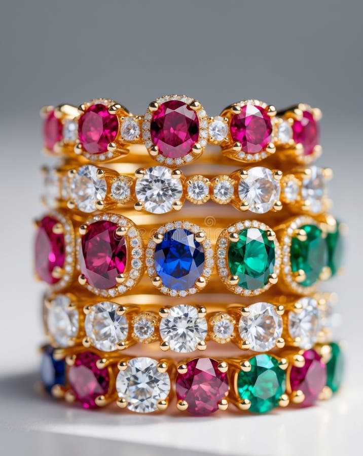 Elegant Stack of Gold Rings with Colorful Gemstones and Diamonds Stock ...