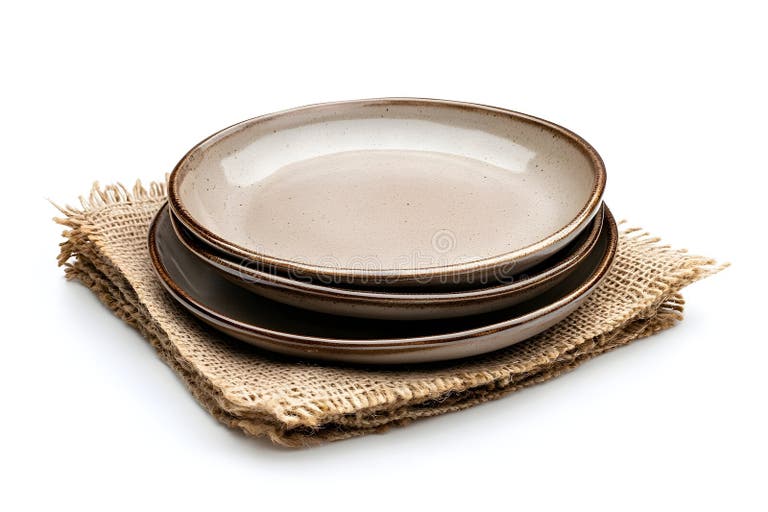 Elegant Stack of Neutral Plates on Rustic Fabric â€“ Ideal for Home ...