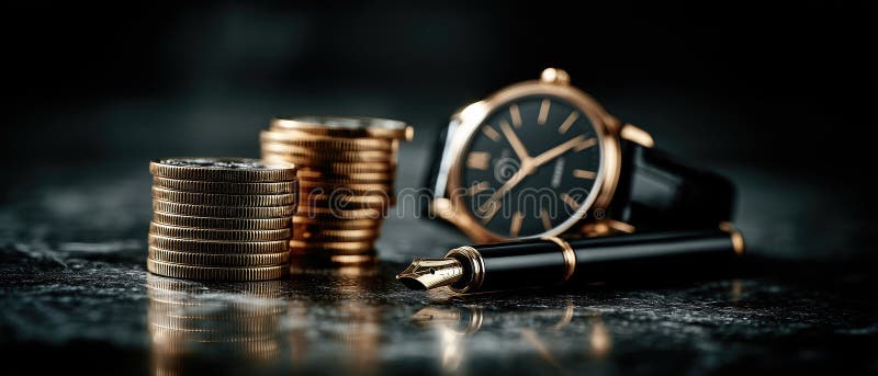 Elegant Stacks of Gold Coins with Luxury Watch Stock Image - Image of ...