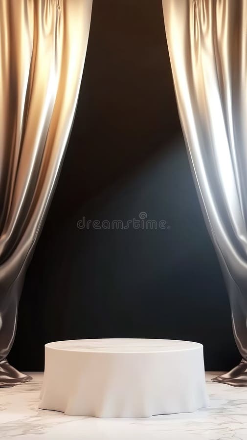 Elegant Stage with Draped Curtains and Spotlight on Circular Platform ...