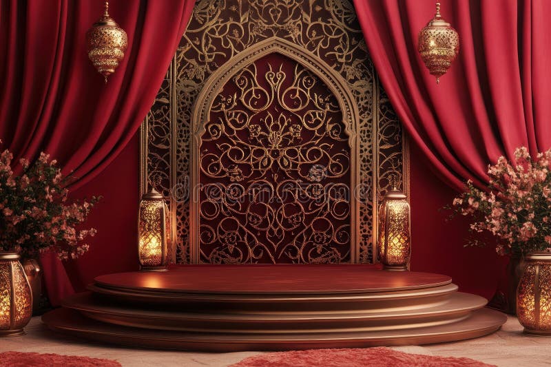 Elegant Stage with Ornate Backdrop, Red Drapery, and Decorative ...