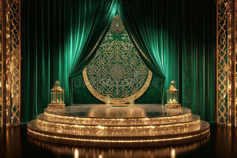 Elegant Stage Setting with Rich Green Drapery and Intricate Gold ...