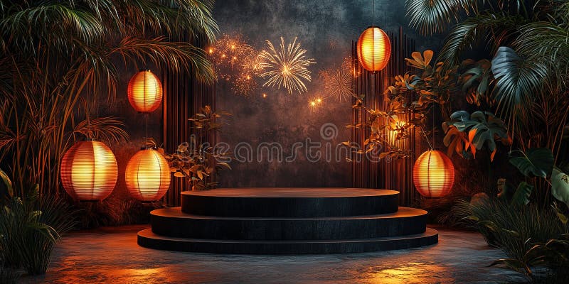 Elegant Stage Setup with Lanterns and Fireworks Backdrop in a Tropical ...