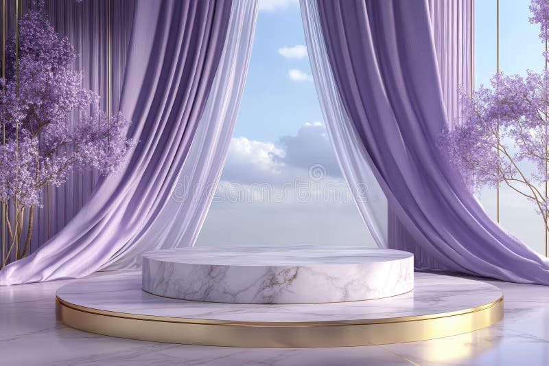 Elegant Stage Setup with Marble Platform, Purple Curtains, and ...