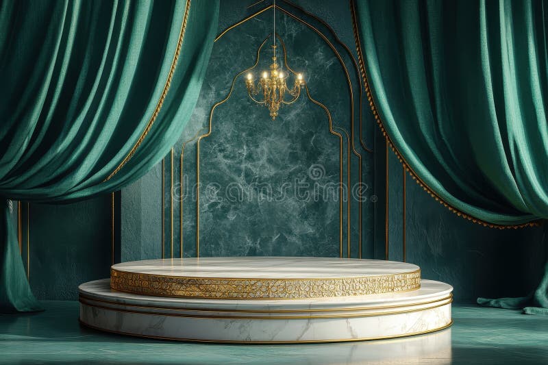 Elegant Stage with Teal Curtains and a Marble Platform, Designed for ...