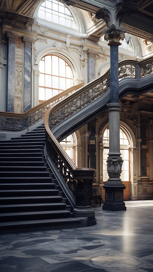 Elegant Staircase Winding through Ornate Interior with Sunlight ...