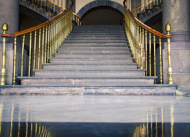 Staircase with Gold Railing Stock Image - Image of handrail, entrance ...