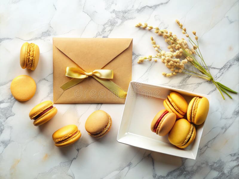 Elegant Stationery Mockup with Macarons Panoramic Flat Lay Featuring a ...