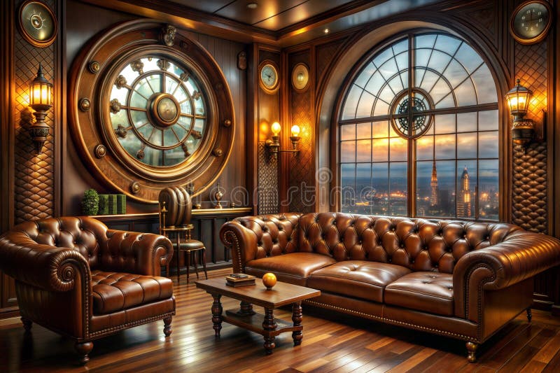 Elegant Steampunk Library with Leather Sofas, a Large Clock-themed Window, and a Panoramic City ...