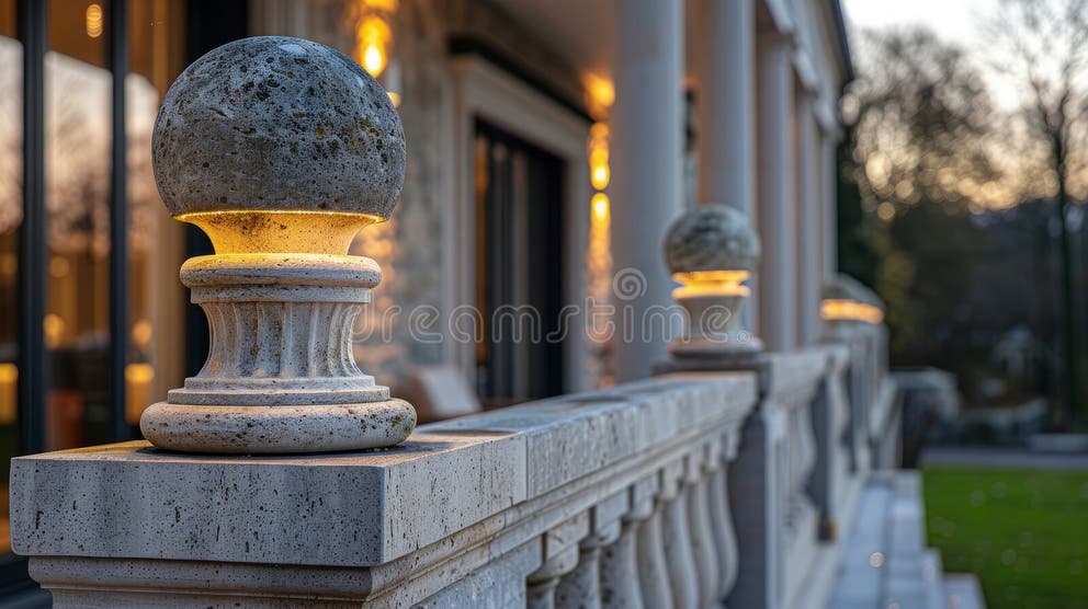 Elegant Stone Balustrade with Columns and Lighting on a Mansion. Stock ...