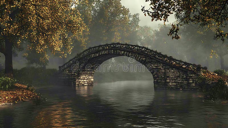 Elegant Stone Bridge Spanning a Gently Flowing River, Framed by Leafy ...