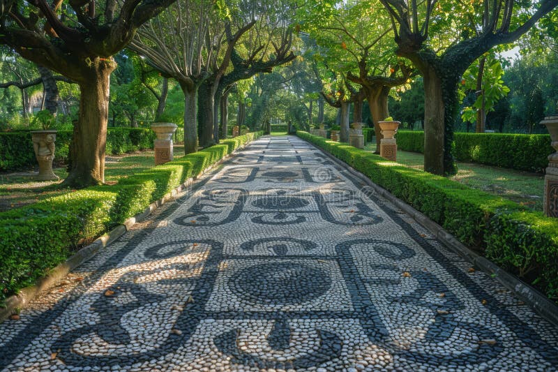 Elegant Stone Pathway in an Old Garden, Featuring Complex Geometric ...