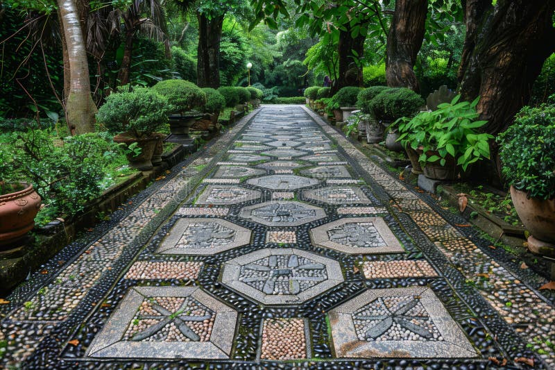 Elegant Stone Pathway in an Old Garden, Featuring Complex Geometric ...