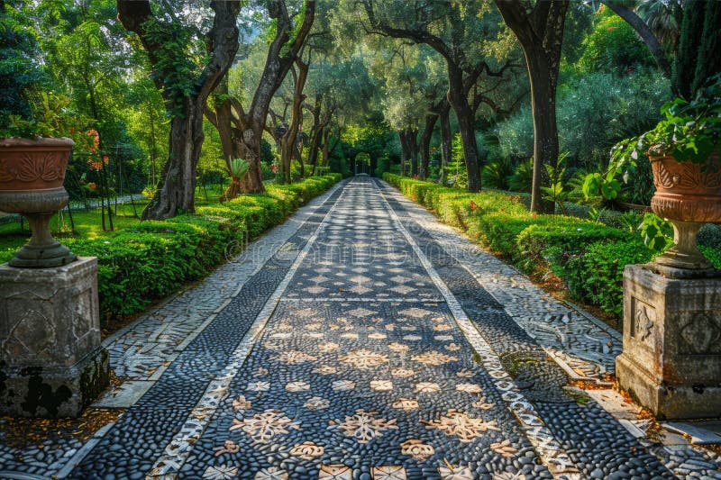 Elegant Stone Pathway in an Old Garden, Featuring Complex Geometric ...
