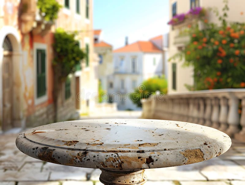 Elegant Stone Table with a Vibrant Historical Town Square Stock ...