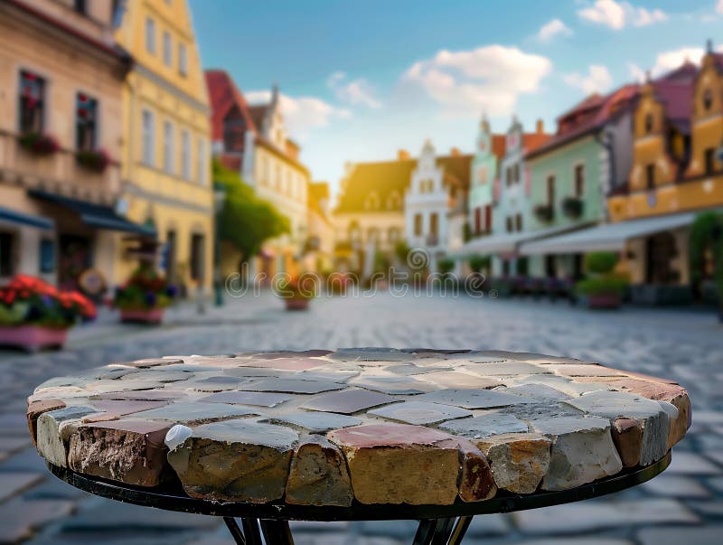 Elegant Stone Table with a Vibrant Historical Town Square Stock ...
