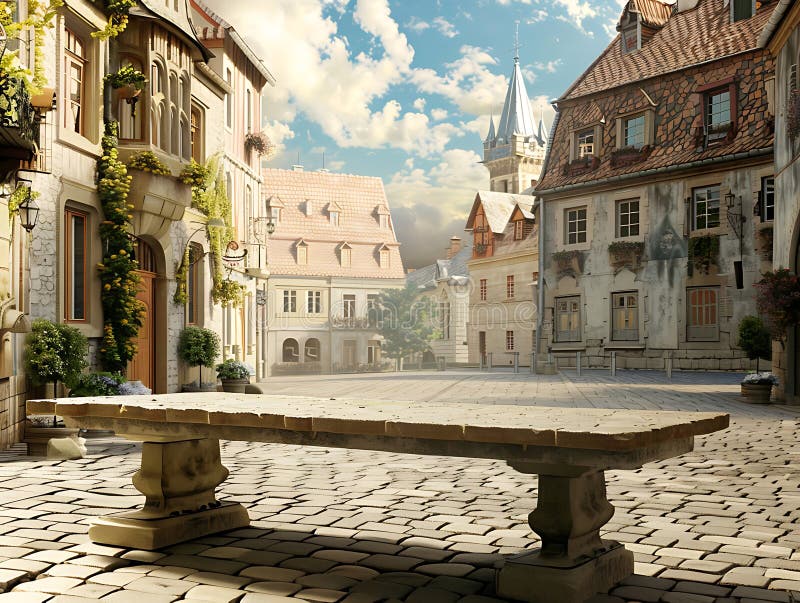 Elegant Stone Table with a Vibrant Historical Town Square Stock ...