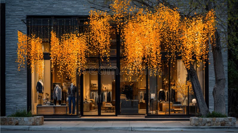 Elegant Storefront Adorned with Glowing Orange Decorations at Dusk ...