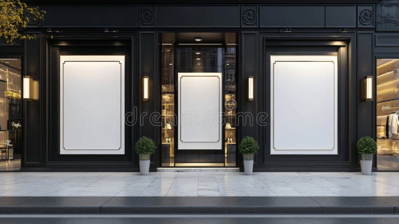 Elegant Storefront Facade with Three Blank White Posters on Black ...