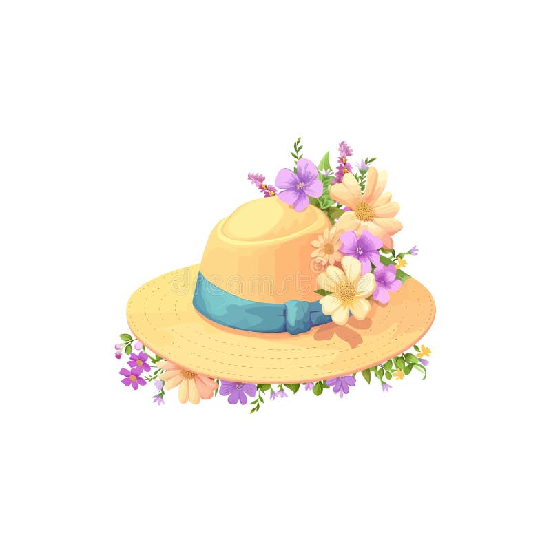 Elegant Straw Hat Decorated with Pastel Spring Flowers. Vector ...